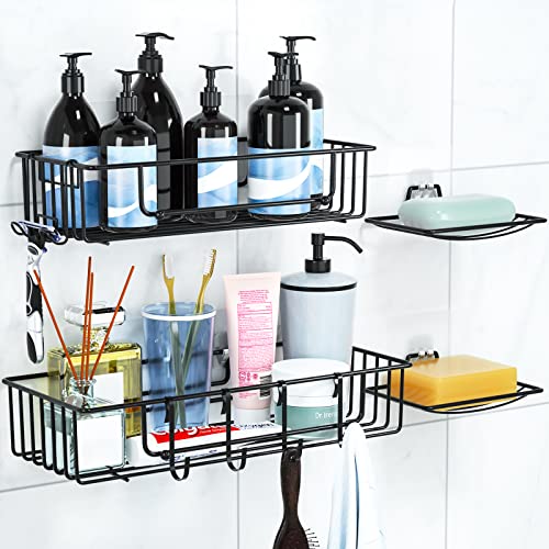 Shower Caddy Basket Shower Storage Organizer Shelves Stainless Steel, Bathroom Organizer Space Saver Wall Mounted, No Drilling No Marking Sticker Toilet Kitchen Multipurpose Storage Shelf with 5 Hooks