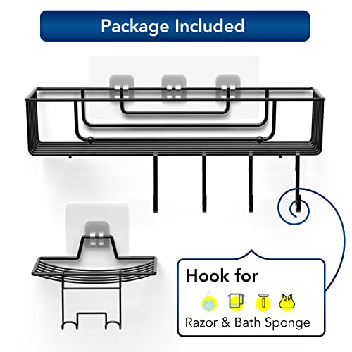 Shower Caddy Basket Shower Storage Organizer Shelves Stainless Steel, Bathroom Organizer Space Saver Wall Mounted, No Drilling No Marking Sticker Toilet Kitchen Multipurpose Storage Shelf with 5 Hooks