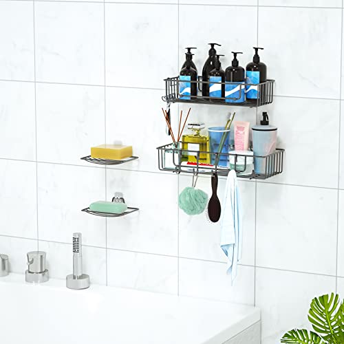 Shower Caddy Basket Shower Storage Organizer Shelves Stainless Steel, Bathroom Organizer Space Saver Wall Mounted, No Drilling No Marking Sticker Toilet Kitchen Multipurpose Storage Shelf with 5 Hooks