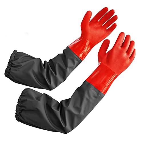 Fododo 25-inch Pond Gloves Long Waterproof Aquarium Gloves for Dishwasher and Pond Cleaning, Heavy Duty Long Rubber Gloves for Aquarium with Cotton Lining, Red