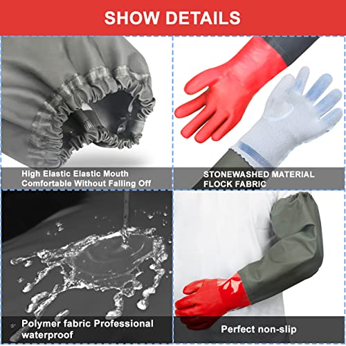 Fododo 25-inch Pond Gloves Long Waterproof Aquarium Gloves for Dishwasher and Pond Cleaning, Heavy Duty Long Rubber Gloves for Aquarium with Cotton Lining, Red