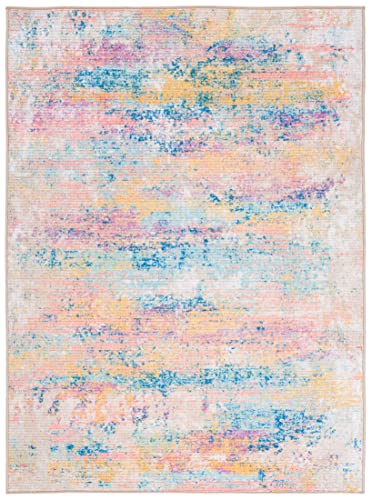 Safavieh Sequoia Collection Area Rug - 6'7" x 9', Blue & Gold, Abstract Distressed Design, Non-Shedding & Easy Care, Machine Washable Ideal for High Traffic Areas in Living Room, Bedroom (SEQ155M)