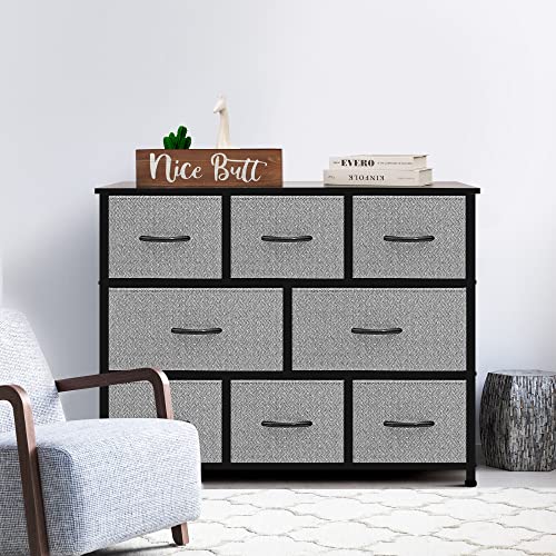 AZL1 Life Concept Extra Wide Organizer 8-Drawer Closet Shelves, Dressers Storage Chest for Bedroom, Living Room, Hallway & Nursery with Easy Pull Fabric Bins Wood Top, Grey with Black