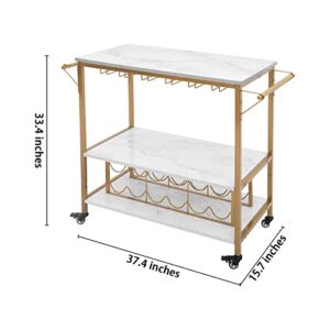 AZL1 Life Concept Bar Serving Cart Bottle Storage and Wine Glass Rack-Faux Marble and Gold