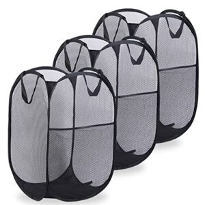 3 pack mesh pop-up laundry hamper, large dirty clothes baskets w handles & side pocket, collapsible washing laundry basket, portable hamper bag for storage travel (black)