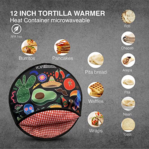 Tortillada - 12 Inch Tortilla Warmer/Heat Container microwaveable made of cotton/polyester (Black)