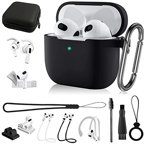 14in1 for AirPods 3 Case Silicone Accessories Set 2021 Released,Protective Cover for AirPods 3 Generation Charging Case w/Ear Tip Cover Hook/Watch Band Holder/Clean Putty/Carry Box/Keychain Black