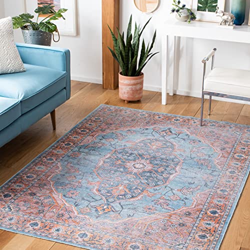 SAFAVIEH Serapi Collection Area Rug - 8' x 10', Blue & Orange, Boho Chic Design, Non-Shedding Machine Washable & Slip Resistant Ideal for High Traffic Areas in Living Room, Bedroom (SEP540M)