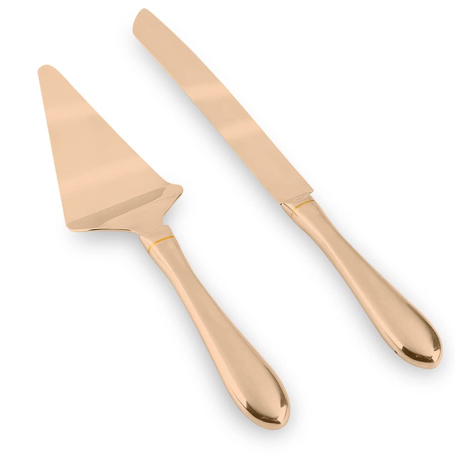 Homi styles Metallic Rose Copper Gold Stainless Steel Cake Serving Set - Cake Knife and Server - Cake Serving Set With Serrated Blade for Easier Cutting - Holidays, Birthdays, Wedding, Anniversary