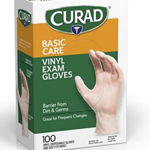 Curad Basic Care Vinyl Exam Gloves, Disposable, One Size Fits Most (100 Count)