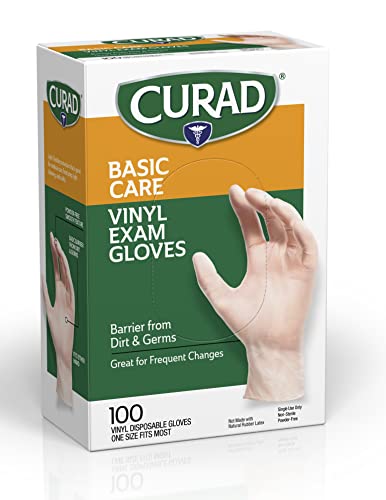 Curad Basic Care Vinyl Exam Gloves, Disposable, One Size Fits Most (100 Count)