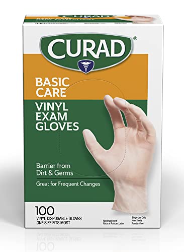 Curad Basic Care Vinyl Exam Gloves, Disposable, One Size Fits Most (100 Count)