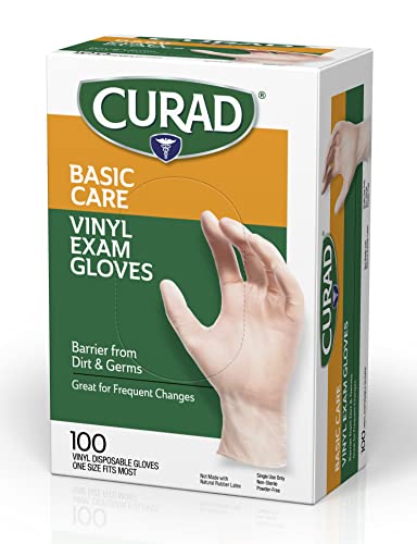 Curad Basic Care Vinyl Exam Gloves, Disposable, One Size Fits Most (100 Count)