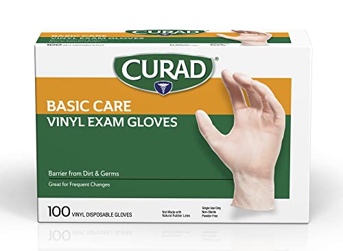 Curad Basic Care Vinyl Exam Gloves, Disposable, One Size Fits Most (100 Count)