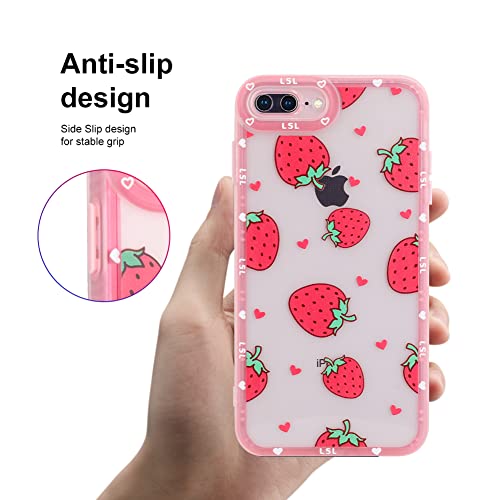 LSL Compatible iPhone 8 Plus Case iPhone 7 Plus Case Clear Cute Strawberry Pattern Design Soft TPU Anti-Drop Scratch Resistant Heavy Duty Protective Wireless Slim Thin Pink Phone Cover for Women Girls