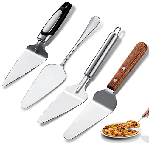 4 Pieces Pie Server Set Stainless Steel Pie Spatula Metal Pie Cutter Serrated Cake Server Wood Handle Pizza Server Slicer Flatware Cake Pie and Pastry Servers for Kitchen Cutting Serving Desserts