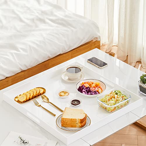 MUKEEN Oversize Extra Large King Size Bed Tray for eating Big Glossy White Acrylic Serving Tray with Handles 24x24 Inch -Spill Proof- Decorative Countertop Organizer for Ottoman,Bed,Party, Butler Tray