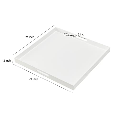 MUKEEN Oversize Extra Large King Size Bed Tray for eating Big Glossy White Acrylic Serving Tray with Handles 24x24 Inch -Spill Proof- Decorative Countertop Organizer for Ottoman,Bed,Party, Butler Tray