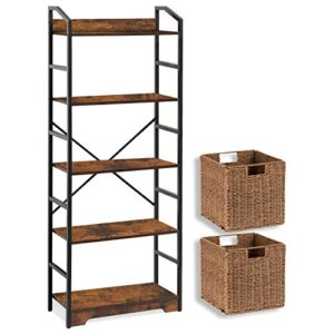 vagusicc 5 tier bookshelf with 2 storage baskets, tall bookcase shelf storage organizer wood book shelf, modern shelf rack shelves with steel frame, multipurpose bookshelf for bedroom living room