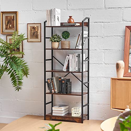 Vagusicc 5 Tier Bookshelf with 2 Storage Baskets, Tall Bookcase Shelf Storage Organizer Wood Book Shelf, Modern Shelf Rack Shelves with Steel Frame, Multipurpose Bookshelf for Bedroom Living Room