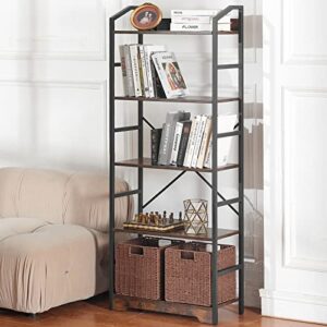 Vagusicc 5 Tier Bookshelf with 2 Storage Baskets, Tall Bookcase Shelf Storage Organizer Wood Book Shelf, Modern Shelf Rack Shelves with Steel Frame, Multipurpose Bookshelf for Bedroom Living Room