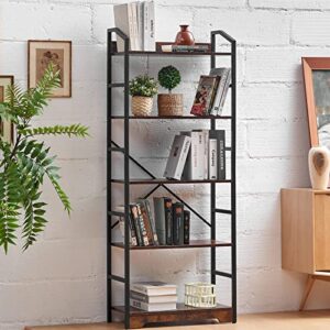 Vagusicc 5 Tier Bookshelf with 2 Storage Baskets, Tall Bookcase Shelf Storage Organizer Wood Book Shelf, Modern Shelf Rack Shelves with Steel Frame, Multipurpose Bookshelf for Bedroom Living Room