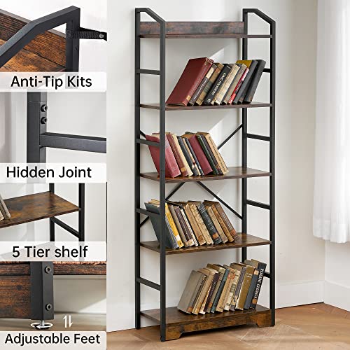 Vagusicc 5 Tier Bookshelf with 2 Storage Baskets, Tall Bookcase Shelf Storage Organizer Wood Book Shelf, Modern Shelf Rack Shelves with Steel Frame, Multipurpose Bookshelf for Bedroom Living Room