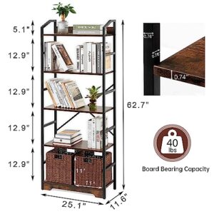 Vagusicc 5 Tier Bookshelf with 2 Storage Baskets, Tall Bookcase Shelf Storage Organizer Wood Book Shelf, Modern Shelf Rack Shelves with Steel Frame, Multipurpose Bookshelf for Bedroom Living Room