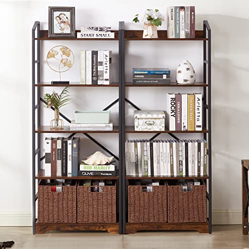 Vagusicc 5 Tier Bookshelf with 2 Storage Baskets, Tall Bookcase Shelf Storage Organizer Wood Book Shelf, Modern Shelf Rack Shelves with Steel Frame, Multipurpose Bookshelf for Bedroom Living Room