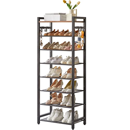 IBUYKE 8 Tier Shoe Rack, Hold 14-21 Pairs of Shoes, Narrow Shoe Shelf Organizer with 4 Hooks, Space Saver, Shoe Organizer for Entryway, Hallway, Bedroom, Living Room, Rustics Brown, TXJ081H