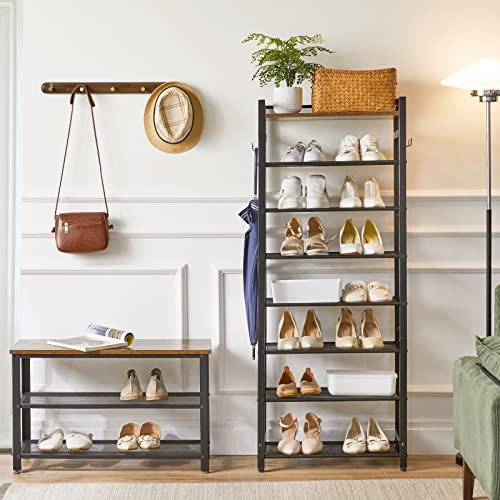 IBUYKE 8 Tier Shoe Rack, Hold 14-21 Pairs of Shoes, Narrow Shoe Shelf Organizer with 4 Hooks, Space Saver, Shoe Organizer for Entryway, Hallway, Bedroom, Living Room, Rustics Brown, TXJ081H