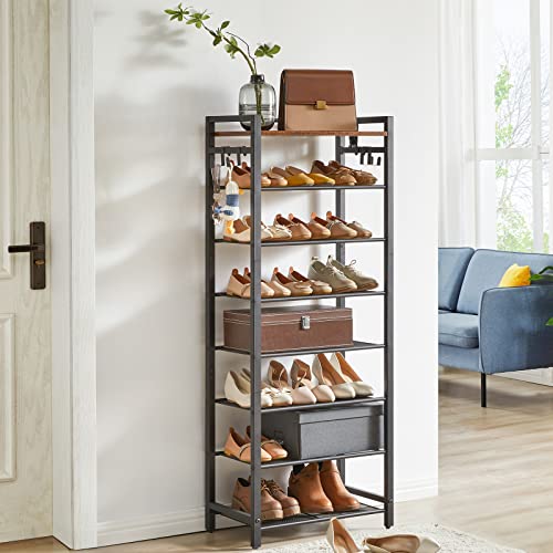 IBUYKE 8 Tier Shoe Rack, Hold 14-21 Pairs of Shoes, Narrow Shoe Shelf Organizer with 4 Hooks, Space Saver, Shoe Organizer for Entryway, Hallway, Bedroom, Living Room, Rustics Brown, TXJ081H