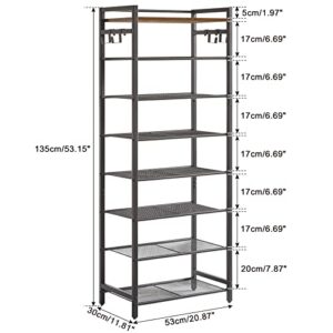 IBUYKE 8 Tier Shoe Rack, Hold 14-21 Pairs of Shoes, Narrow Shoe Shelf Organizer with 4 Hooks, Space Saver, Shoe Organizer for Entryway, Hallway, Bedroom, Living Room, Rustics Brown, TXJ081H