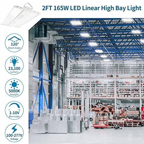 Xbuyee (2 Pack) LED High Bay Shop Light 2FT Commercial 165W 23100 Lumens 5000K 100-277V Dimmable, Linear Hanging Bay Lights for Warehouse Workshop Supermarket Stadium, Power Tunable 165W/110W/80W