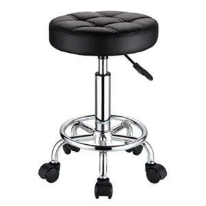 hmtot round rolling stools pu leather seat height adjustable swivel stool with wheels black