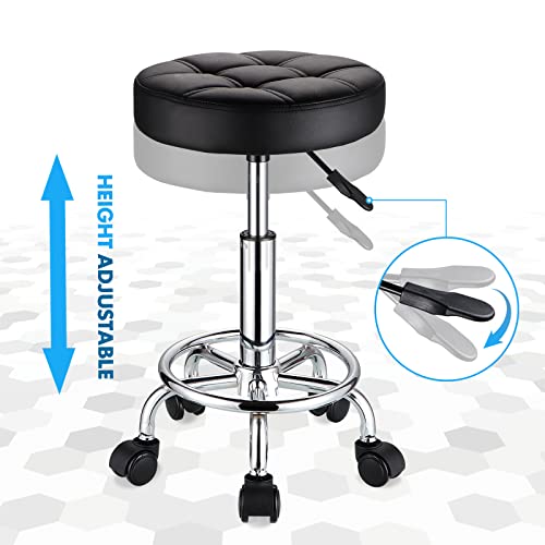 HMTOT Round Rolling Stools PU Leather Seat Height Adjustable Swivel Stool with Wheels Black