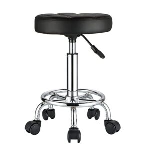 HMTOT Round Rolling Stools PU Leather Seat Height Adjustable Swivel Stool with Wheels Black