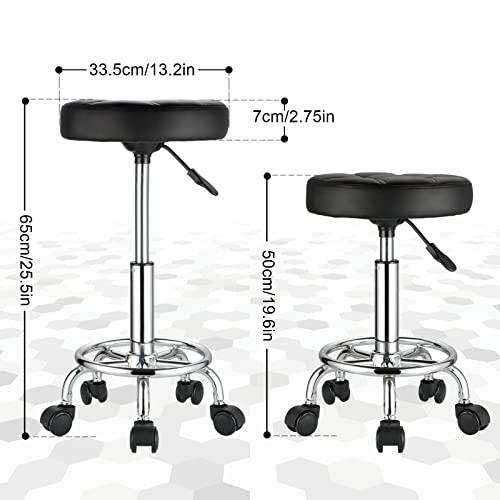 HMTOT Round Rolling Stools PU Leather Seat Height Adjustable Swivel Stool with Wheels Black