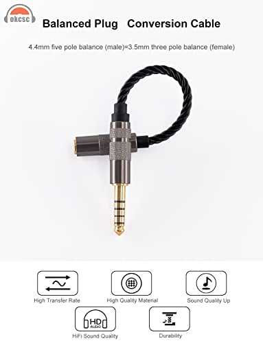 Headphone Adapter 4.4mm Male to 3.5mm Female Adapter for 3.5mm Cable Connected to Balanced 4.4mm Player Device High Stereo Audio Converter OFC Cable with Gold-Plated Plug 6 inch Length Extension Cord