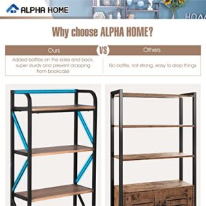 ALPHA HOME 4-Tier Bookshelf Industrial Bookcase Tall Book Shelf Storage Organizer and Display Rack for Living Room, Bedroom and Office