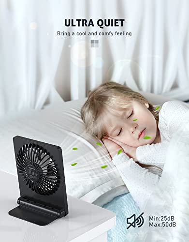 FARADAY Small Table Fans Rechargeable Portable 180°Tilt Folding Desk Fans Battery Operated Personal Fan Ultra Quiet For Home Bedroom Office Desktop, 3 Speeds (Black)