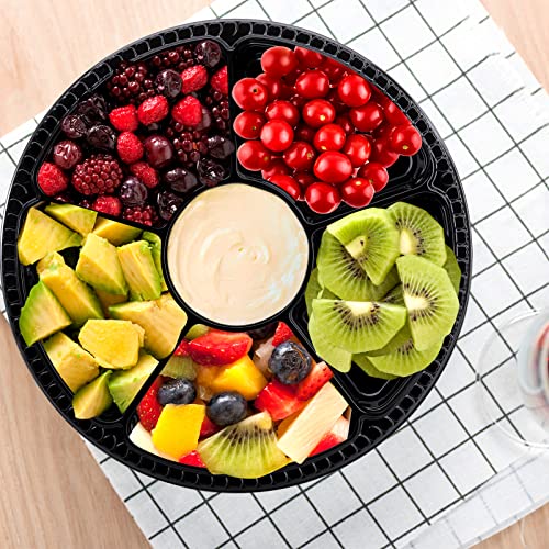 Lawei 30 Pack Plastic Appetizer Tray with Lid - 12.5 Inch Round Plastic Party Platters, 6 Divided Compartment Serving Tray Disposable Food Serving Dip Platter for Party Buffet