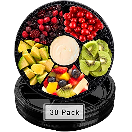 Lawei 30 Pack Plastic Appetizer Tray with Lid - 12.5 Inch Round Plastic Party Platters, 6 Divided Compartment Serving Tray Disposable Food Serving Dip Platter for Party Buffet