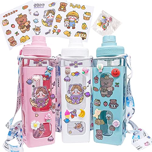 Fanovo Kawaii Water Bottle for Girls, Cute Kids Water Bottles with Straw, Carton Water Jug Large Square Drinking Bottle, Portable Leakproof Aesthetic Water Cup + 3D Stickers/Shoulder Strap, 30 oz