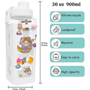 Fanovo Kawaii Water Bottle for Girls, Cute Kids Water Bottles with Straw, Carton Water Jug Large Square Drinking Bottle, Portable Leakproof Aesthetic Water Cup + 3D Stickers/Shoulder Strap, 30 oz