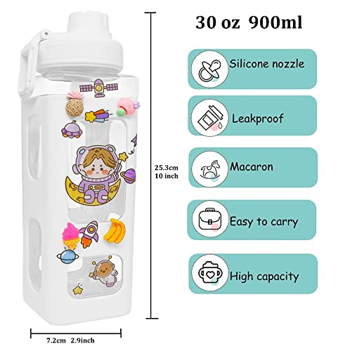 Fanovo Kawaii Water Bottle for Girls, Cute Kids Water Bottles with Straw, Carton Water Jug Large Square Drinking Bottle, Portable Leakproof Aesthetic Water Cup + 3D Stickers/Shoulder Strap, 30 oz