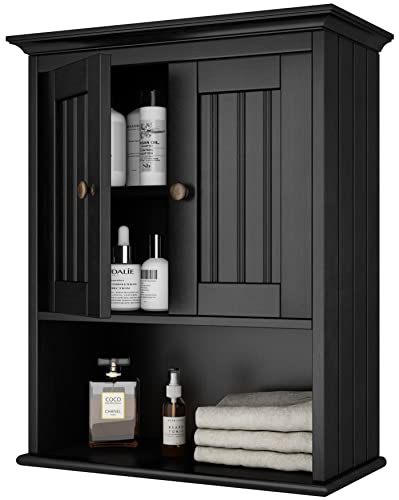 Treocho Wood Wall Cabinet Bathroom Medicine Cabinet Storage with Doors and Adjustable Shelf Wall Mount for Bathroom, Livingroom, Kitchen, Cupboard, Black