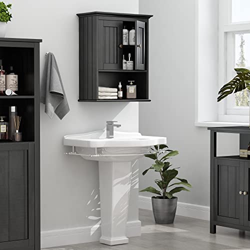 Treocho Wood Wall Cabinet Bathroom Medicine Cabinet Storage with Doors and Adjustable Shelf Wall Mount for Bathroom, Livingroom, Kitchen, Cupboard, Black