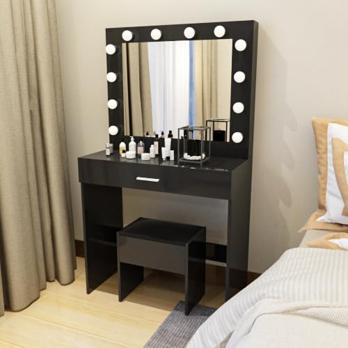 JOYSOURCE Large Vanity Set with 12 Lights Bulbs, Desk Black Makeup Table with Cushioned Stool for Women, Girls, Bedroom