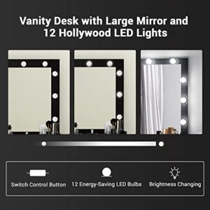 JOYSOURCE Large Vanity Set with 12 Lights Bulbs, Desk Black Makeup Table with Cushioned Stool for Women, Girls, Bedroom